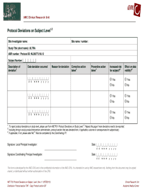 Fillable Online miradi BTemplateb Protocol Deviation Log - version ...