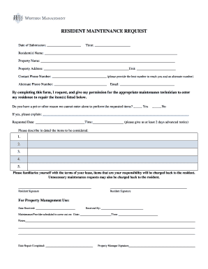 Fillable Online Resident maintenance request - Western Management Fax ...