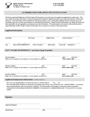Fillable Online AUTHORIZATION FOR APPLICANT INVESTIGATION Applicant Fax ...