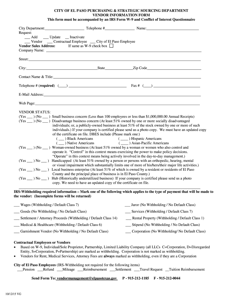 Fillable Online elpasotexas Vendor Set Up bFormb - City of El Paso Fax ...