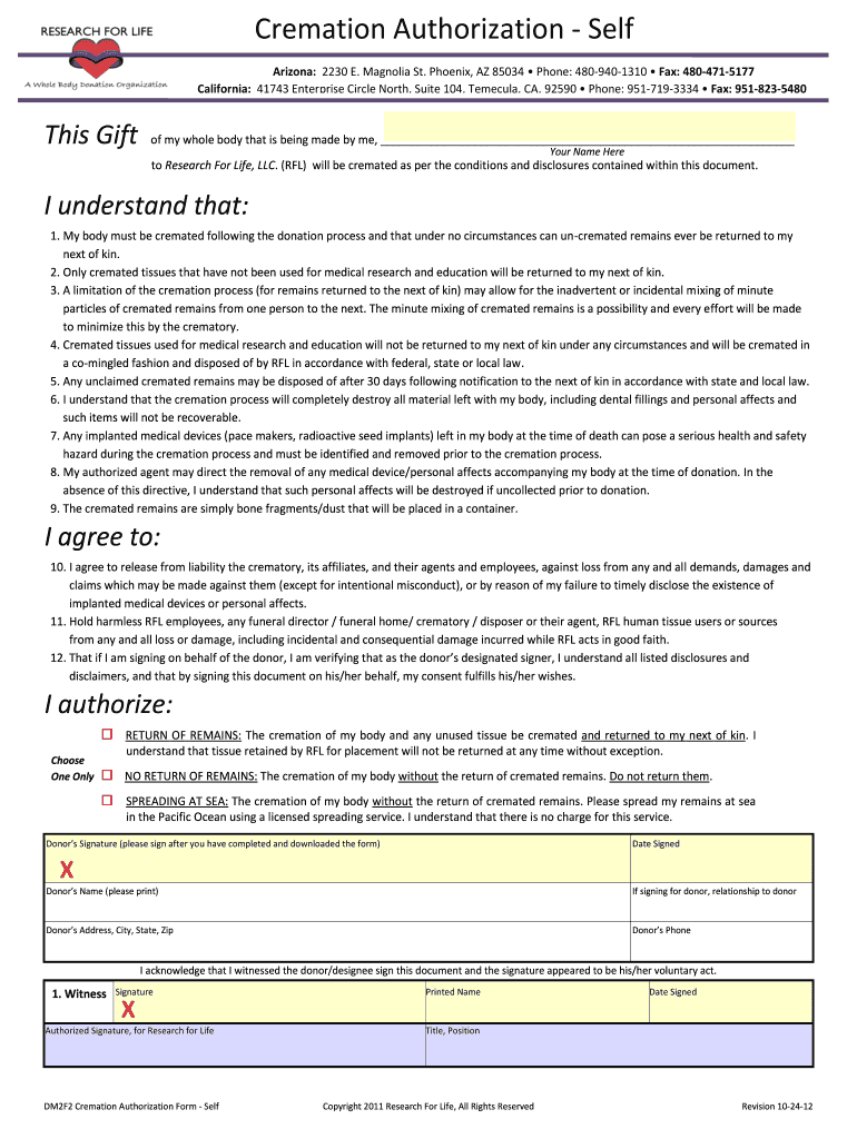 Fillable Online Cremation Authorization - Self - Research For Life Fax ...