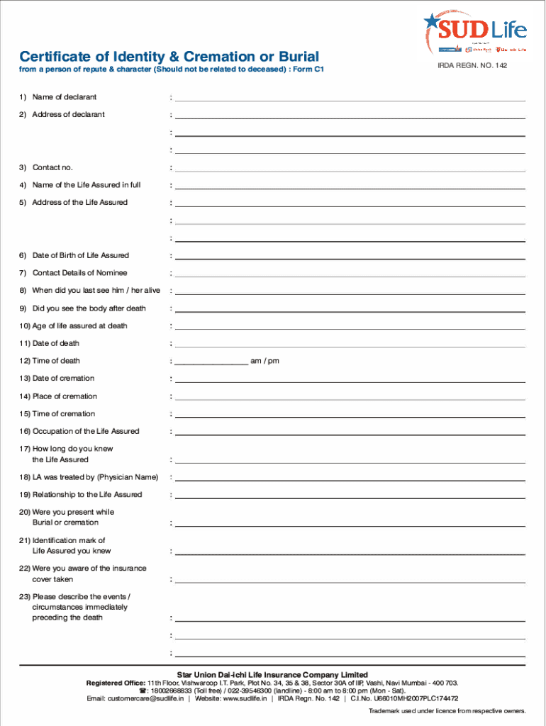 Fillable Online 4 Certificate of Identity and Cremation Or Burial From ...