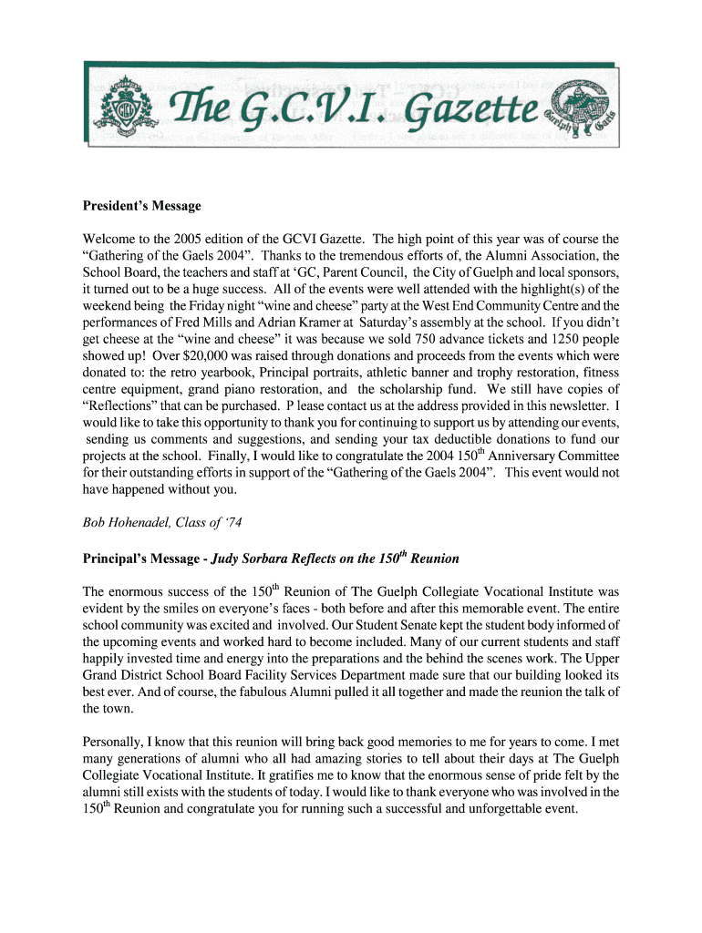 Fillable Online Presidents Message - GCVI Alumni Association Fax Email ...