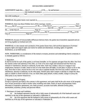 Fillable Online SEPARATION AGREEMENT AGREEMENT made this day of of 20 ...
