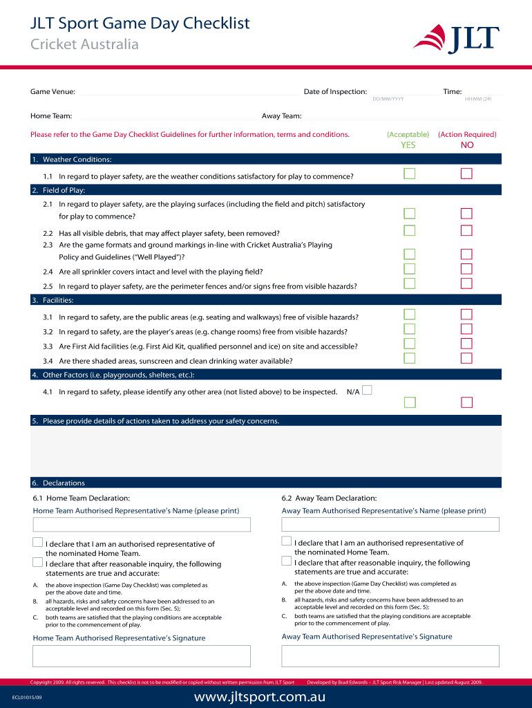 Fillable Online JLT Sport Game Day Checklist - Victorian bPremierb ...