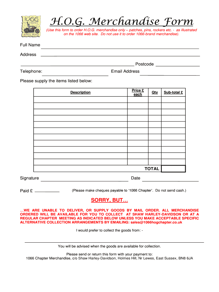 Fillable Online HOG Merchandise Form Fax Email Print - pdfFiller