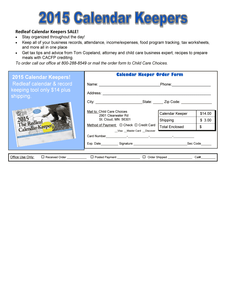 Fillable Online childcarechoices 2015 Calendar Keepers Calendar Keeper ...