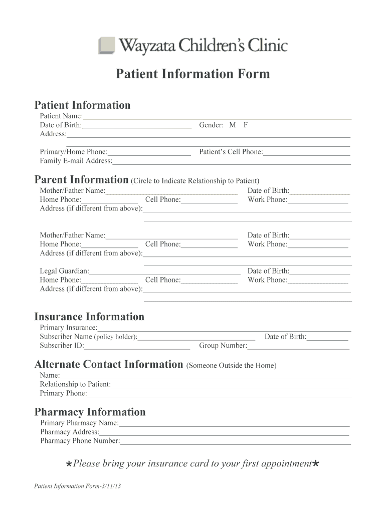 Fillable Online Patient Information Form May 2013 Fax Email Print - pdfFiller
