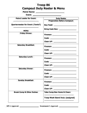 Fillable Online scoutingpages Troop 86 Campout Duty Roster Menu ...