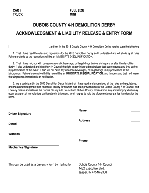 Fillable Online Demo Derby Liability Release Entry Form - Dubois County ...