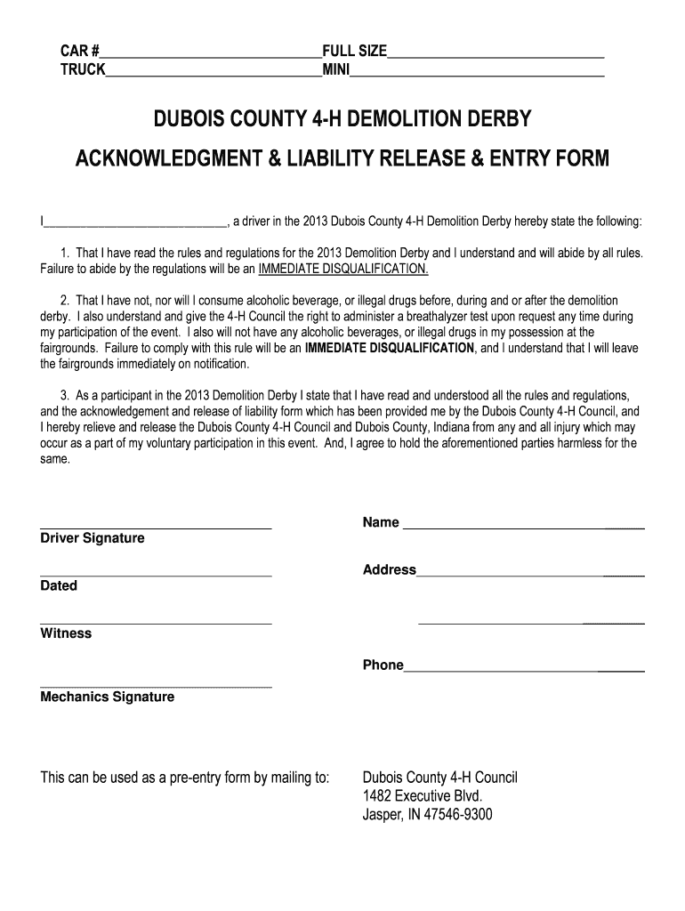 Fillable Online Demo Derby Liability Release Entry Form - Dubois County ...
