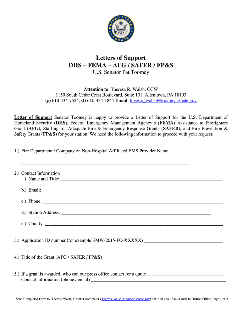 Fillable Online toomey senate Letters of Support DHS FEMA AFG / SAFER ...