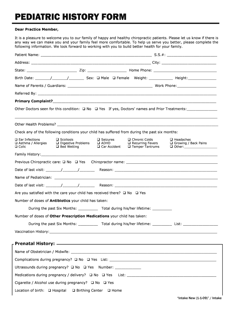 Fillable Online PEDIATRIC HISTORY FORM - LaPorte Chiropractors Fax ...