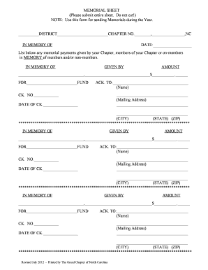 Fillable Online oes-nc MEMORIAL SHEET NOTE Use this form for sending ...