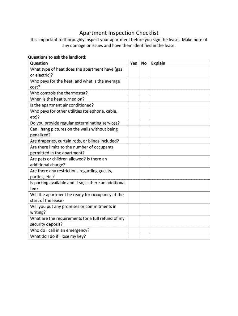 Fillable Online Apartment Inspection Checklist Fax Email Print - pdfFiller