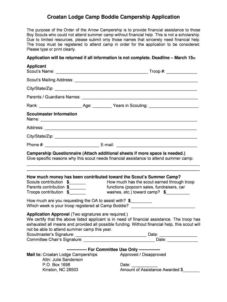 Fillable Online croatan BCroatanb Lodge Camp Boddie Campership ...