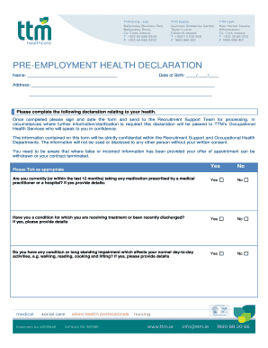 Fillable Online PRE-EMPLOYMENT HEALTH DECLARATION Fax Email Print ...