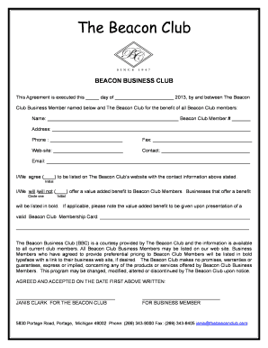 Fillable Online Business to Beacon Member Agreement - The Beacon Club ...