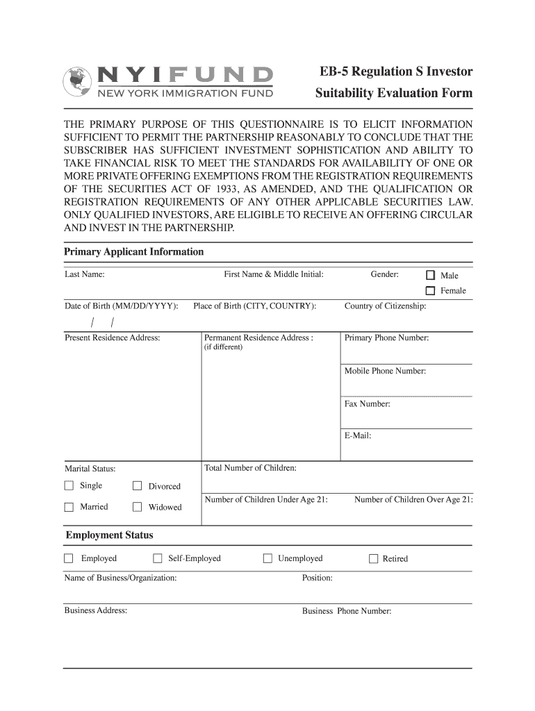 Fillable Online Regulation S Investor Suitability Evaluation Form - New ...