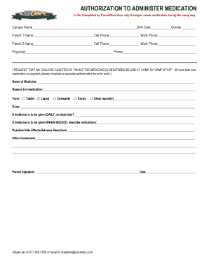 Fillable Online Authorization to Administer Medication Form - KE Camps ...
