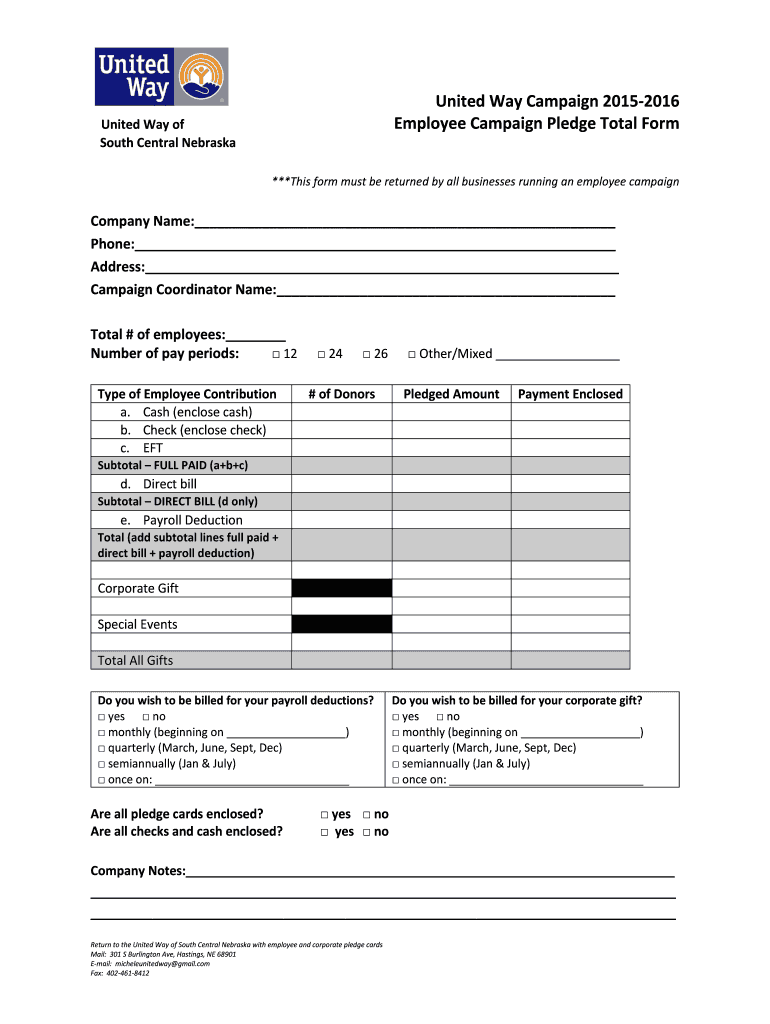 Fillable Online unitedwayscne Employee Campaign Pledge Total Form ...