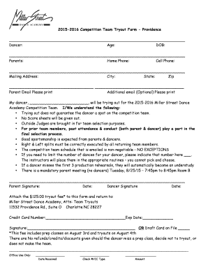 Fillable Online 2015-2016 Team tryout form - Miller Street Dance ...