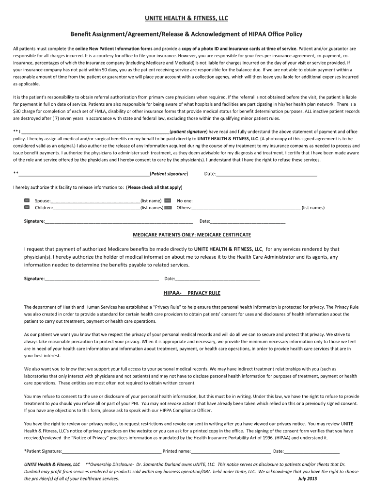 Fillable Online UNITE Benefit Assignment bHIPAA release formb July 2015 ...
