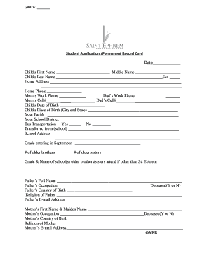 Fillable Online Student Application /Permanent Record Card Date ... Fax ...