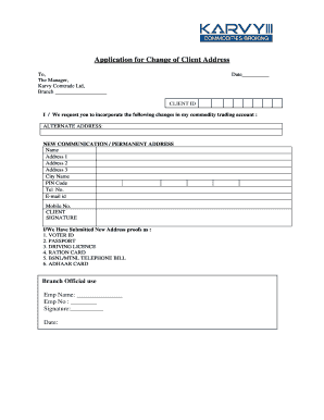 Fillable Online Address Change Format - Karvy Comtrade Ltd Fax Email ...
