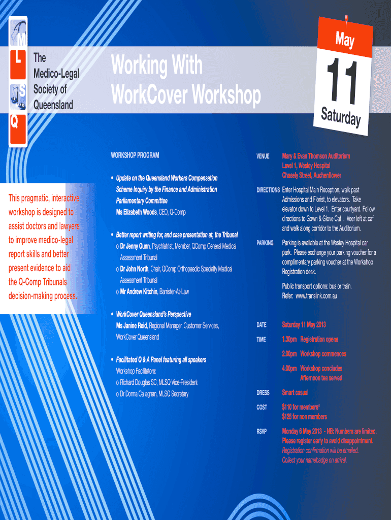 Fillable Online May Society of Working With WorkCover Workshop 11 ...