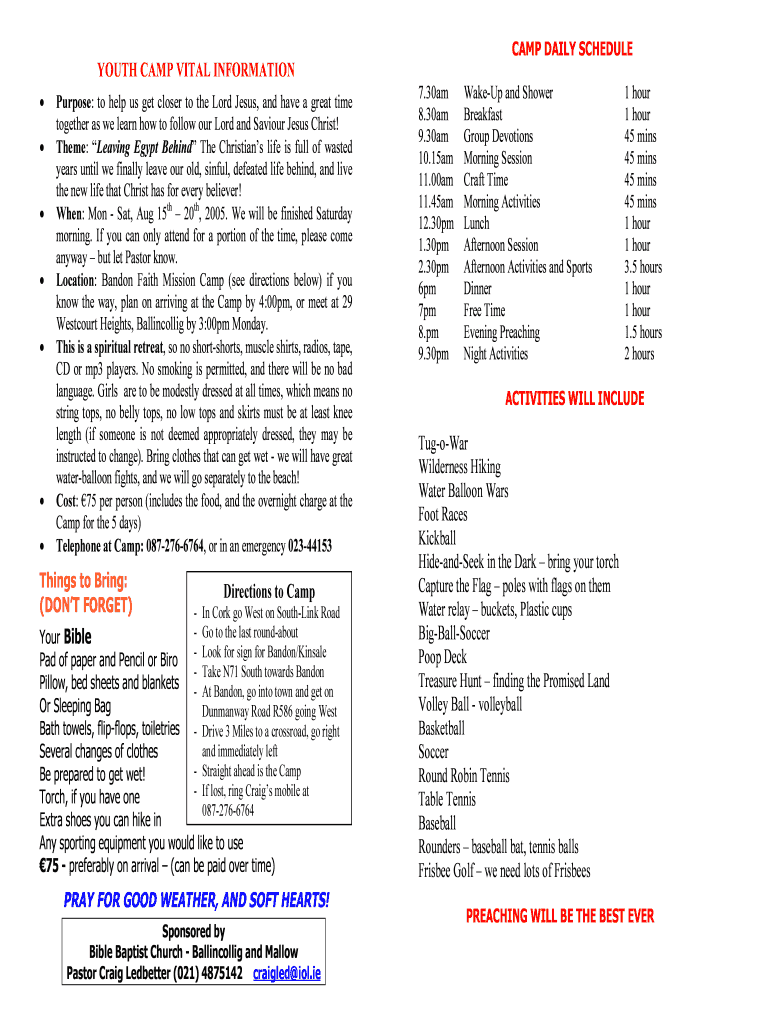 Fillable Online CAMP DAILY SCHEDULE Fax Email Print - pdfFiller