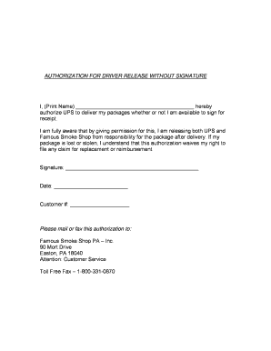 Fillable Online AUTHORIZATION FOR DRIVER RELEASE WITHOUT SIGNATURE 2 ...