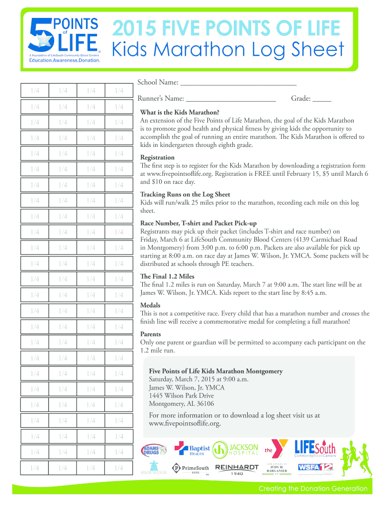 Fillable Online 2015 FIVE POINTS OF LIFE Kids Marathon Log Sheet School ...