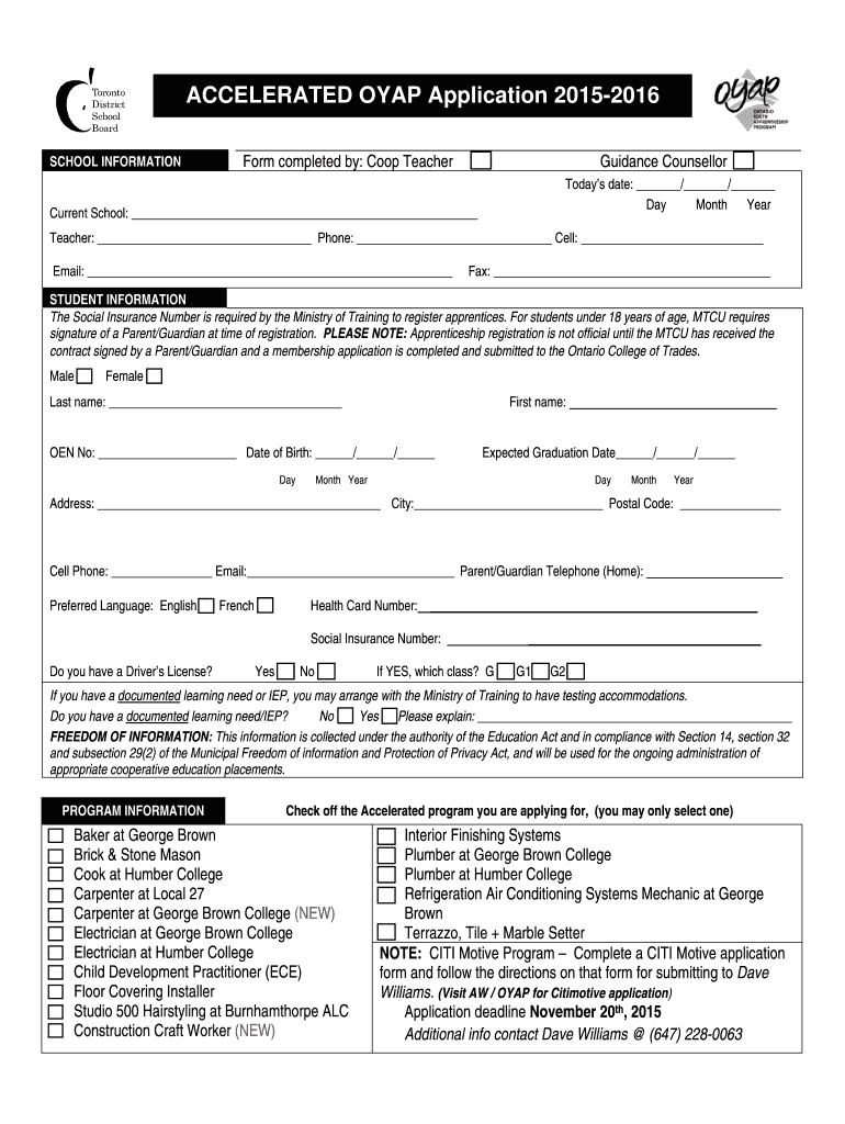 Fillable Online Accelerated Application 2015-2016 - oyaptdsbcom Fax Email Print - pdfFiller