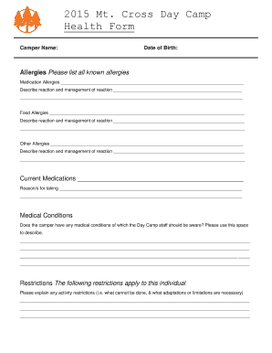 Fillable Online flccv 2015 Mt Cross Day Camp Health Form - flccv Fax ...