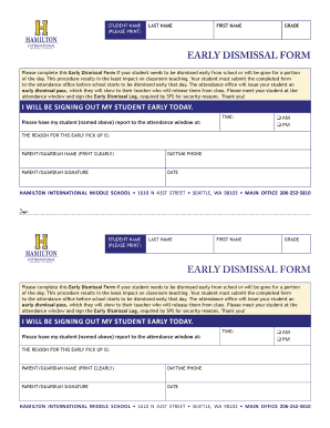 Fillable Online Early dismissal Form - hamiltonmsseattleschoolsorg Fax Email Print - pdfFiller