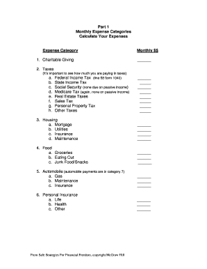 Fillable Online Part 1 Monthly Expense Categories Calculate Your ...