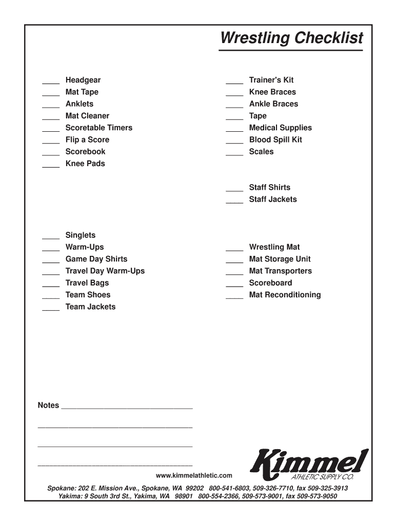 Fillable Online Wrestling Checklist.indd - Kimmel Athletic Supply Fax ...