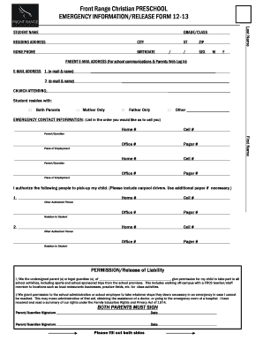Fillable Online frcs 12-13 Emergency Form - Front Range Christian ...