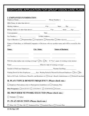 Fillable Online SIGHTCARE APPLICATION FOR GROUP VISION CARE PLAN Fax ...