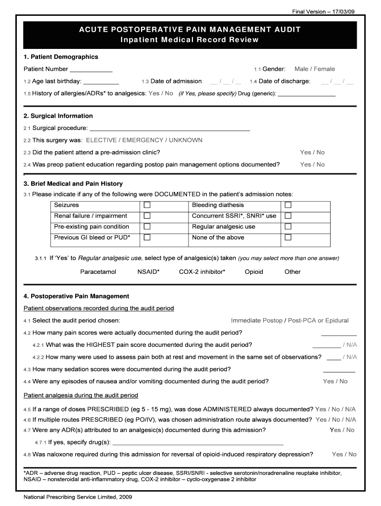 Fillable Online nps org ACUTE POSTOPERATIVE PAIN MANAGEMENT AUDIT ...