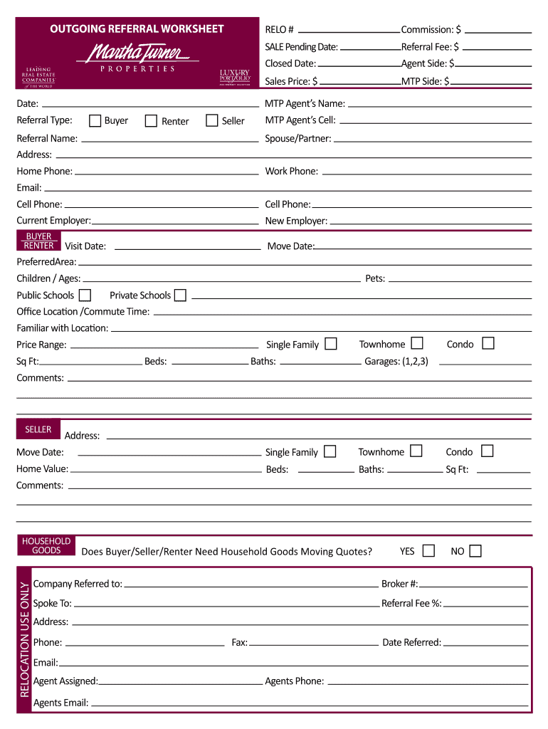 Fillable Online OutgOing RefeRRal WORksheet - Martha Turner Fax Email ...