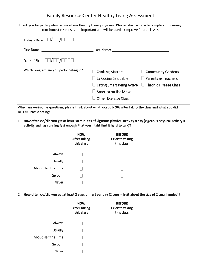 Fillable Online Family Resource Center Healthy Living Assessment Fax ...