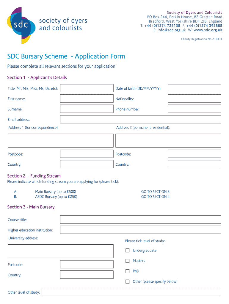 Fillable Online sdc org SDC Bursary Scheme - Application Form Fax Email Print - pdfFiller