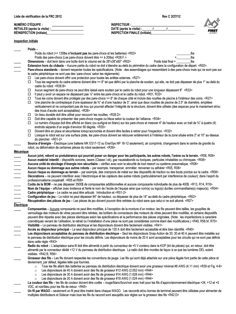 Remplissable En Ligne robotiquefirstquebec Liste de v rification de la FRC 2012 - Robotique ...