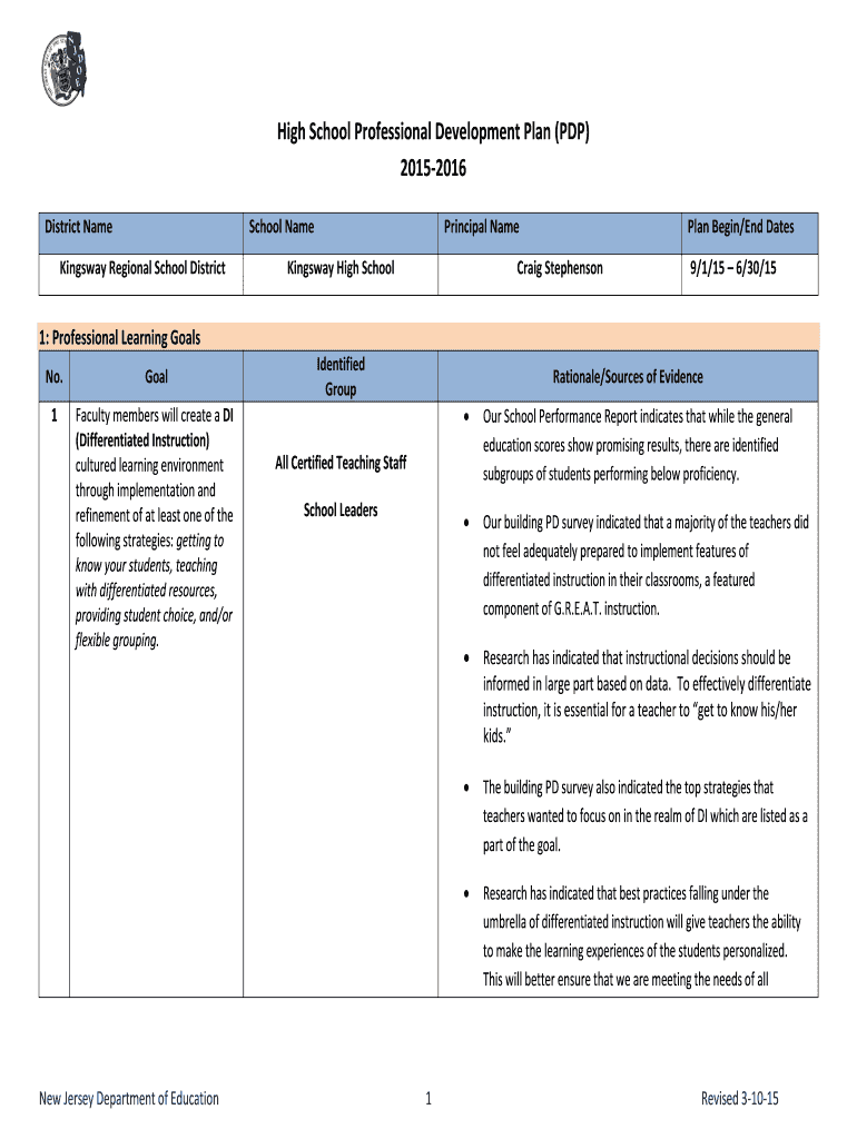 Fillable Online krsd High School Professional Development Plan 15-16 ...