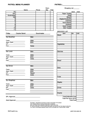 Fillable Online bsatroop512 Patrol Menu Planner - BSA Troop 512 Fax ...