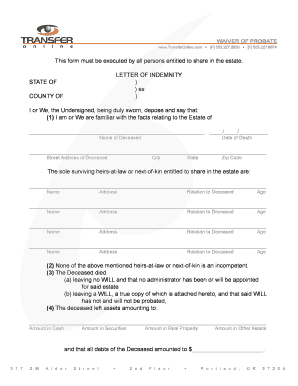 Fillable Online Transfer Online Inc Waiver of Probate Fax Email Print ...