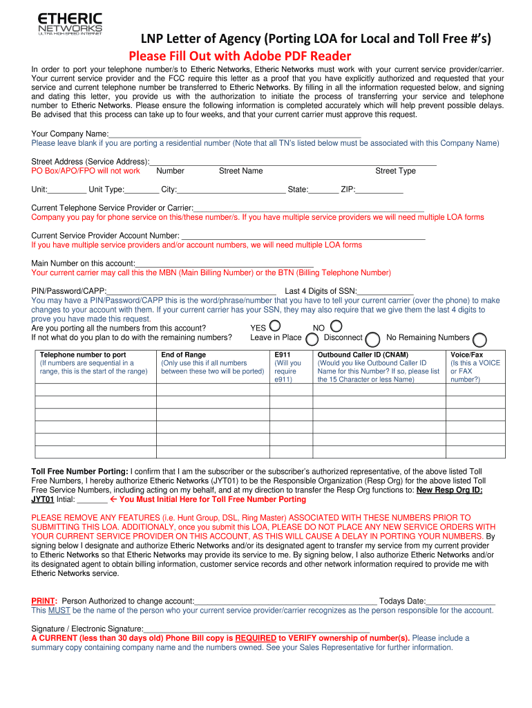 Fillable Online LNP Letter of Agency (Porting LOA for Local and Toll ...