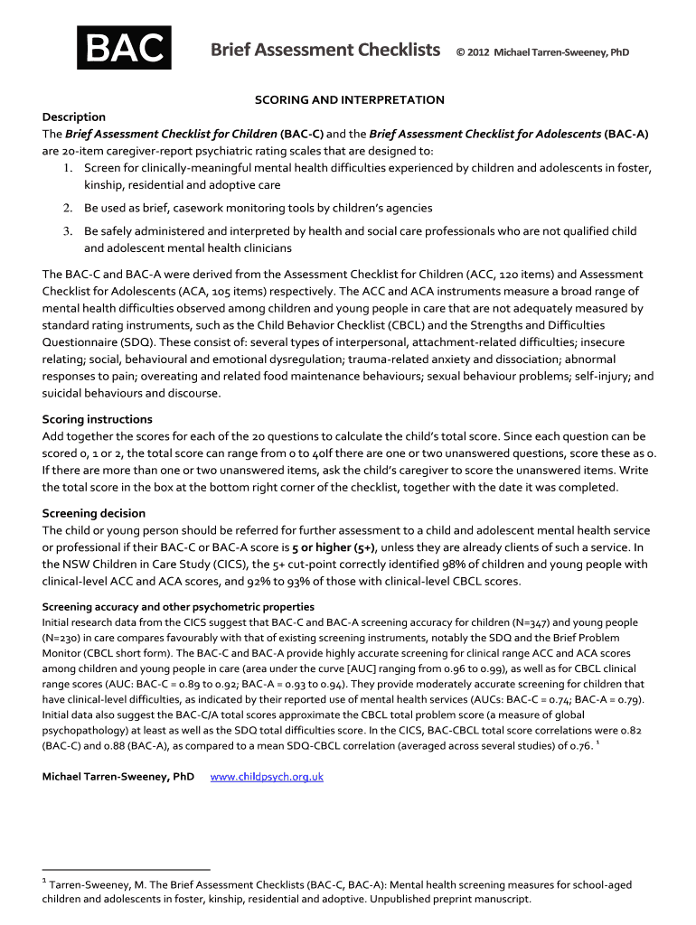 Fillable Online Brief Assessment Checklists Fax Email Print - pdfFiller